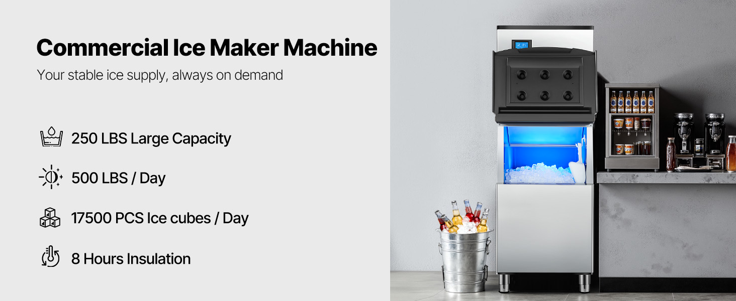 Commercial Ice Maker 500LBS/24H with 250LBS Storage Bin Auto Self ...