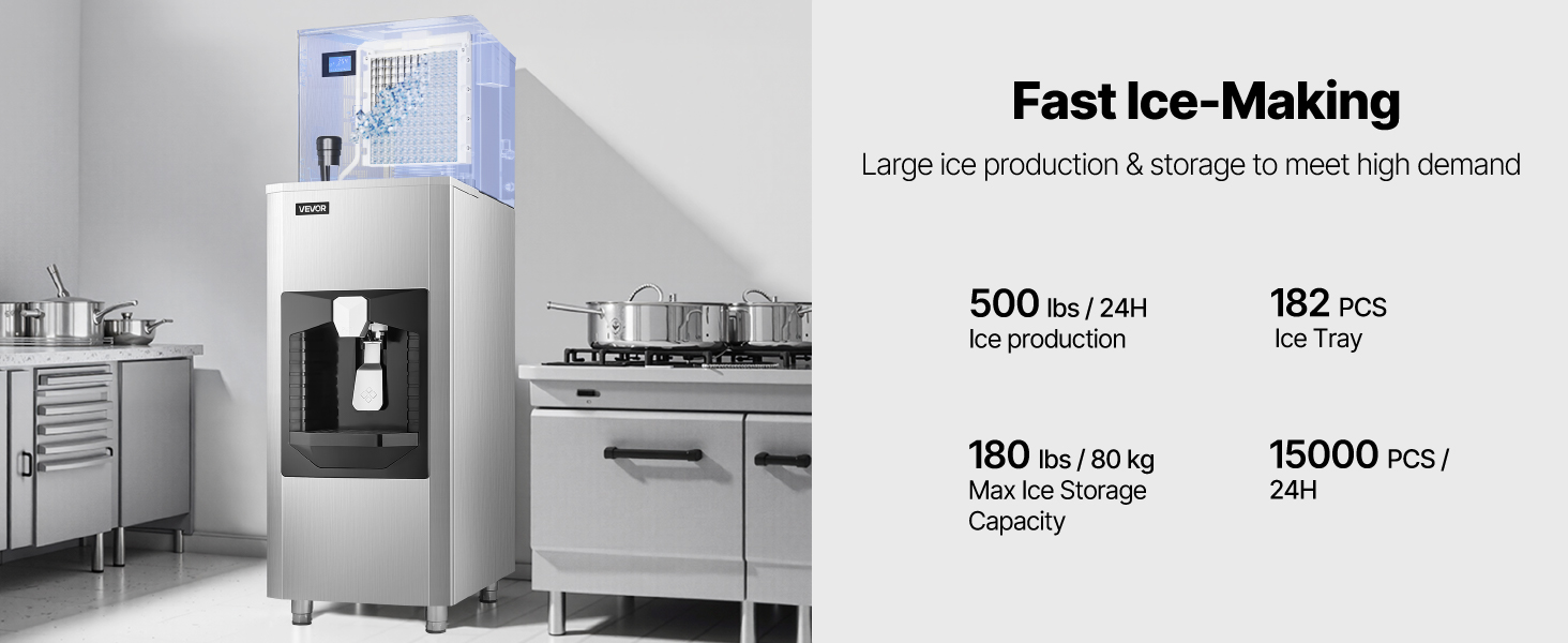 500 Lbs/Day Commercial Ice Maker 180 Lbs Storage Bin Automatic Ice ...