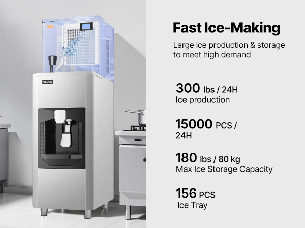 400 Lbs/Day Commercial Ice Maker 180 Lbs Storage Bin Automatic Ice ...
