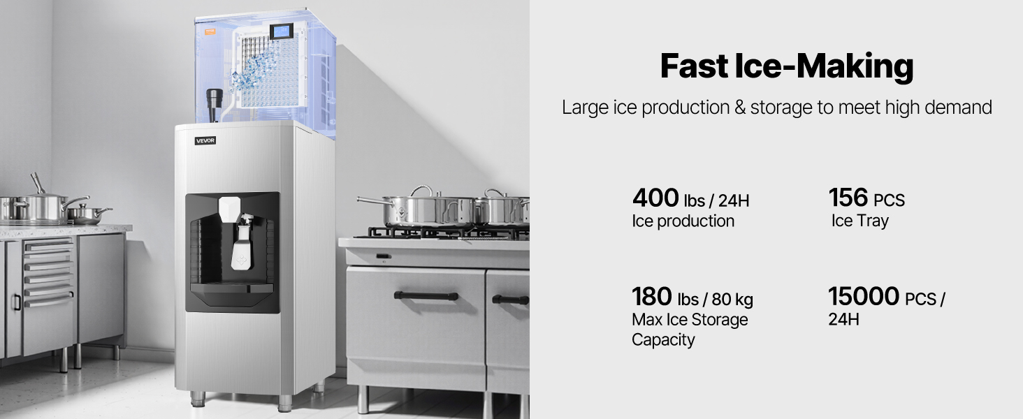400 Lbs/Day Commercial Ice Maker 180 Lbs Storage Bin Automatic Ice ...
