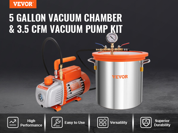 VEVOR 5 Gallon Vacuum Chamber and 3.5 CFM Pump Kit, Tempered Glass Lid ...