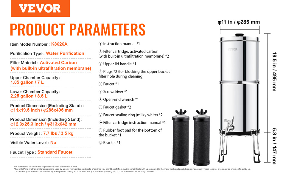 VEVOR 2.25G Gravity-fed Water Filter Countertop System Stainless Steel ...
