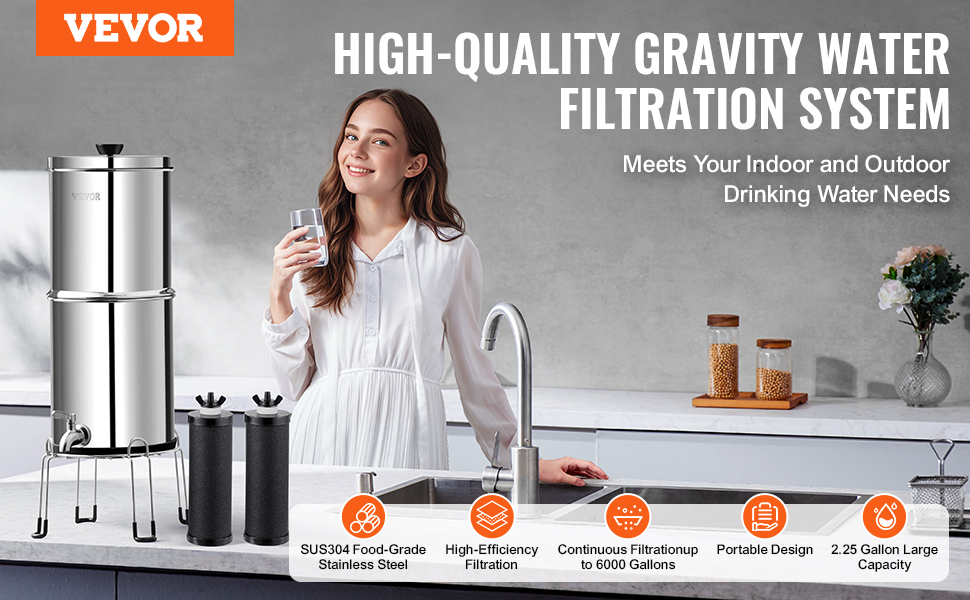 VEVOR 2.25G Gravity-fed Water Filter Countertop System Stainless Steel ...