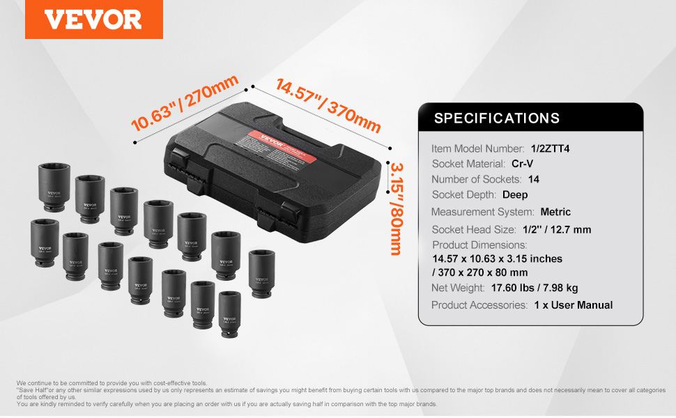 VEVOR Axle Nut Impact Socket Set 1/2" Drive Deep 6+12-Point 14PCS ...