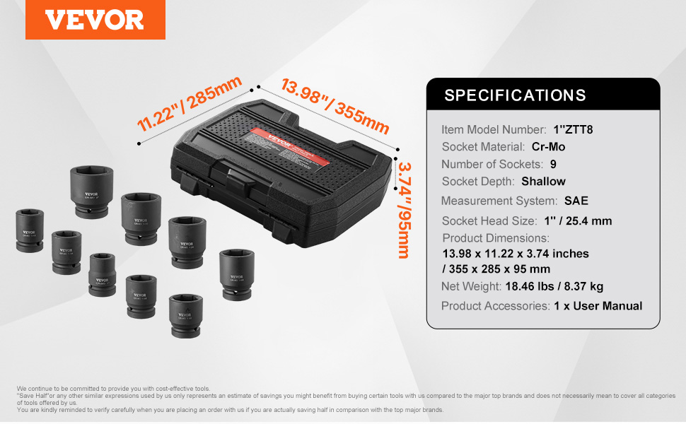 VEVOR Axle Nut Impact Socket Set 1" Drive 6-Point 9PCS SAE Spindle Nut ...