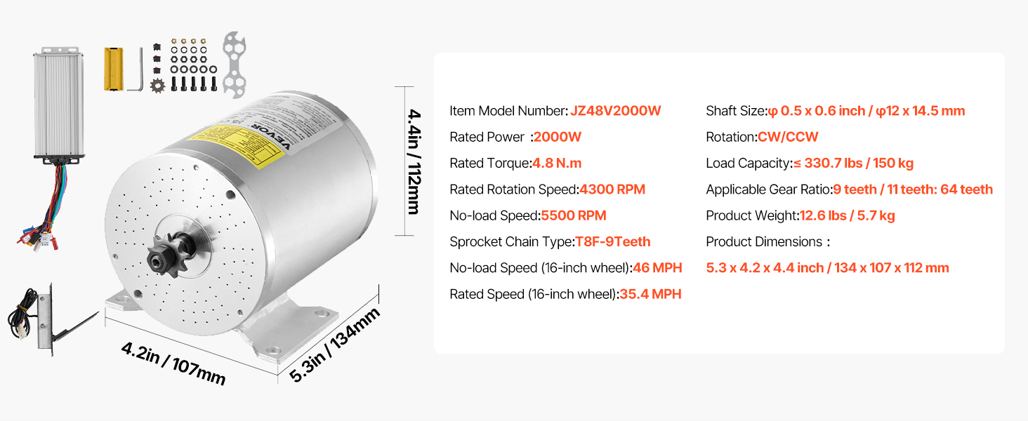 VEVOR 2000W Electric Brushless DC Motor Kit 48V 4300rpm Motor & Speed ...