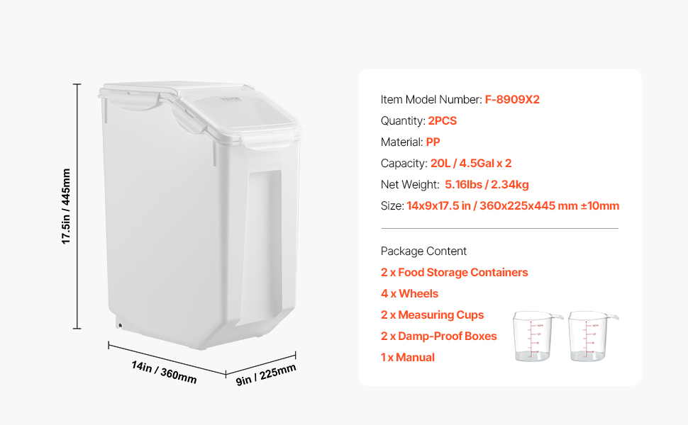 4.5Gal/20Lx2 Large Ingredient Storage Container Airtight Kitchen Flour ...