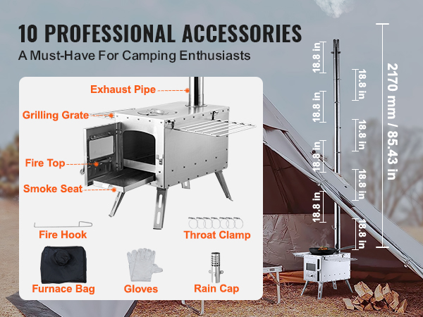 VEVOR Wood Stove, 86 inch, Stainless Steel Camping Tent Stove, Portable ...