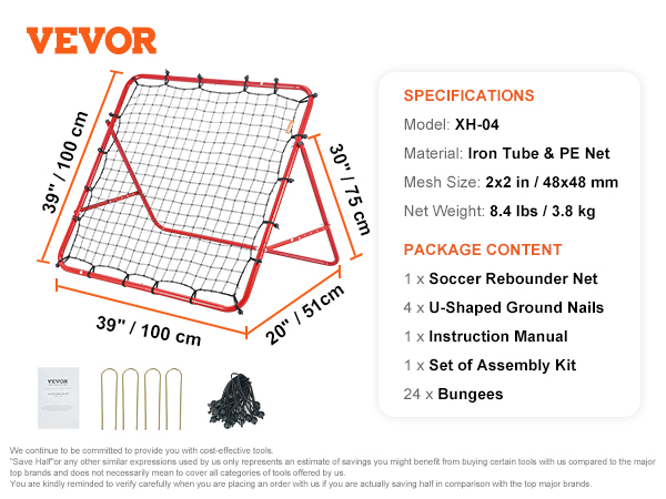 VEVOR Soccer Rebounder Rebound Net, Kick-Back 39"x39", Portable ...