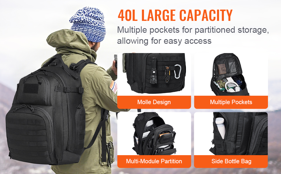 VEVOR Tactical Backpack 40L Military Backpack with Molle Mode & Sponge ...