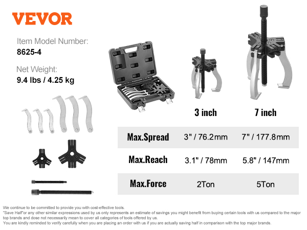 VEVOR Gear Puller Set, 3" and 7" Puller Kit, 3 Jaw Gear Bearing ...