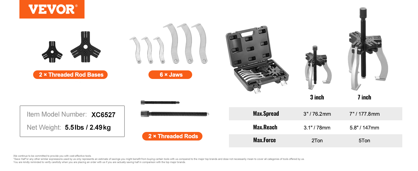 VEVOR Gear Puller Set, 3" and 7" Puller Kit, 3 Jaw Gear Bearing ...