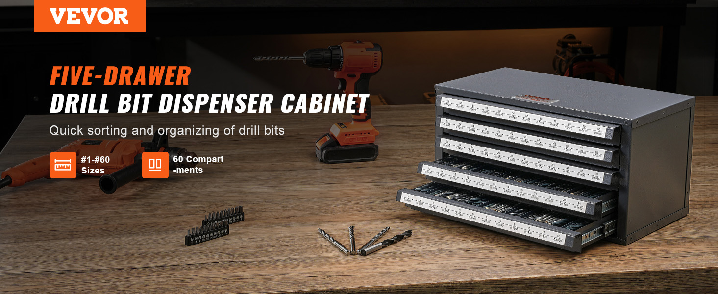VEVOR Drill Bit Dispenser Cabinet, Five-Drawer Drill Bit Organizer ...