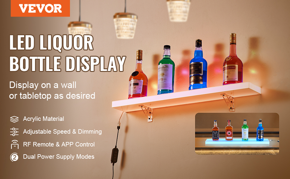 VEVOR Wall Mounted LED Lighted Liquor Bottle Display Home Bar Shelf 30 ...