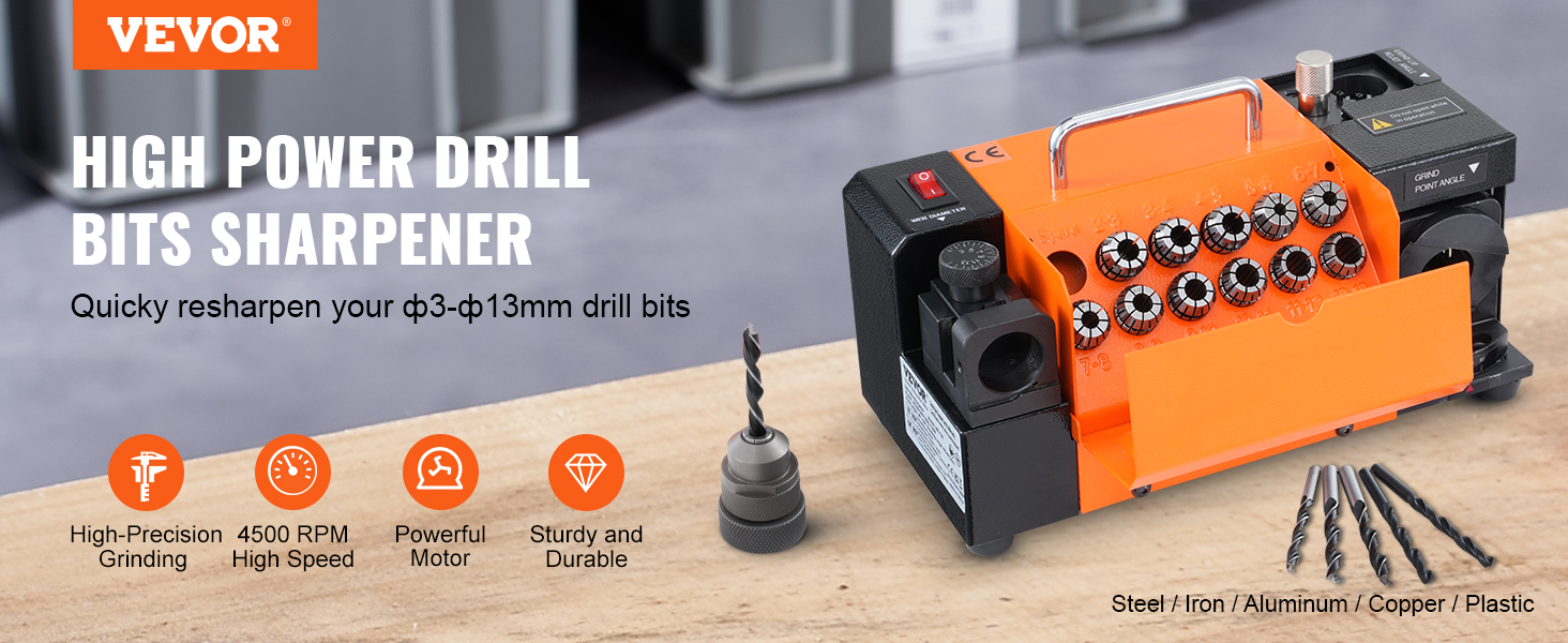 VEVOR Drill Bits Sharpener, MR-13A Bits Grinder Sharpener 3-13mm, 95° to 135° Point Angle ...
