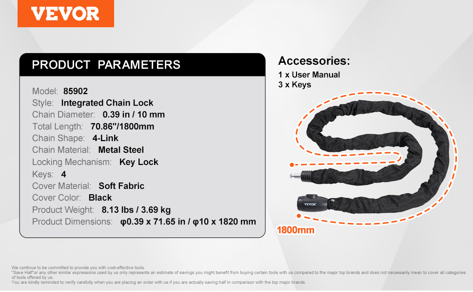 VEVOR Bike Chain Lock 5.91FT Heavy Duty Bike Lock Anti-Theft Bicycle ...
