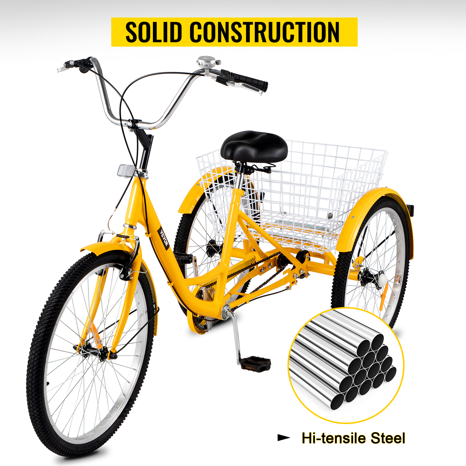 VEVOR Yellow Adult Tricycle 24'' 1-Speed 3 Wheel Bikes, Foldable Adult ...