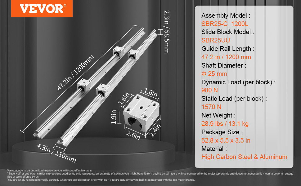 VEVOR Linear Guide Rail Set, SBR25 1200mm, 2 PCS 47.2 in/1200mm SBR25 ...