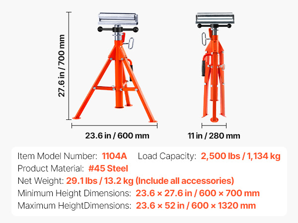 VEVOR Roller Stand, Heavy Duty 2500 LBS Load Capacity, 27.6"-52" Height ...