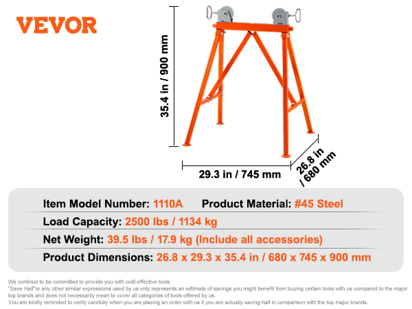 VEVOR Pipe Stand with Roller Head 2500 LBS Load for 2-36 inches Pipes ...