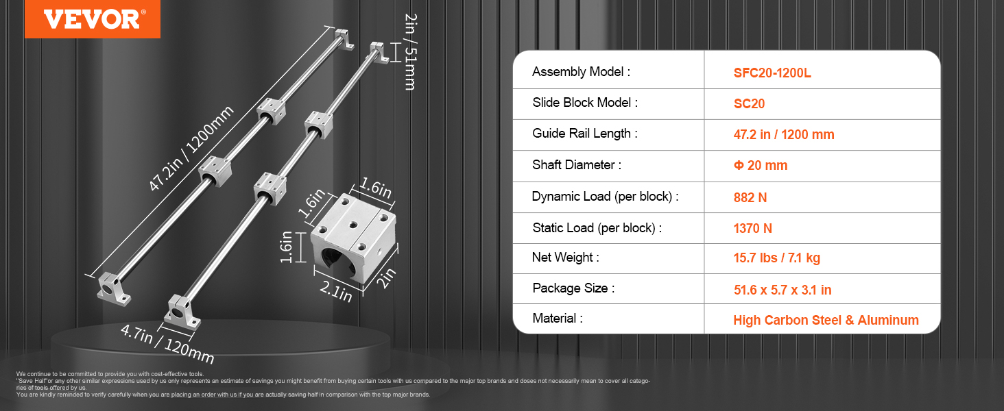 VEVOR Linear Guide Rail Set, SFC20 1200mm, 2 PCS 47.2 in/1200 mm SFC20 ...