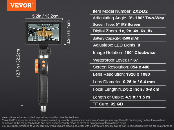 VEVOR Borescope Endoscope Two-Way 180° Articulating 5" IPS 8X Zoom 6 ...