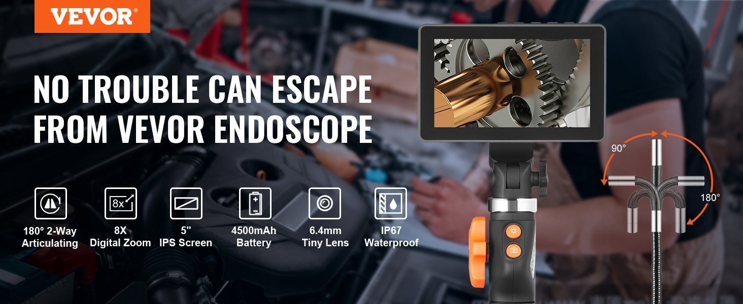 VEVOR Borescope Endoscope Two-Way 180° Articulating 5" IPS 8X Zoom 6 ...