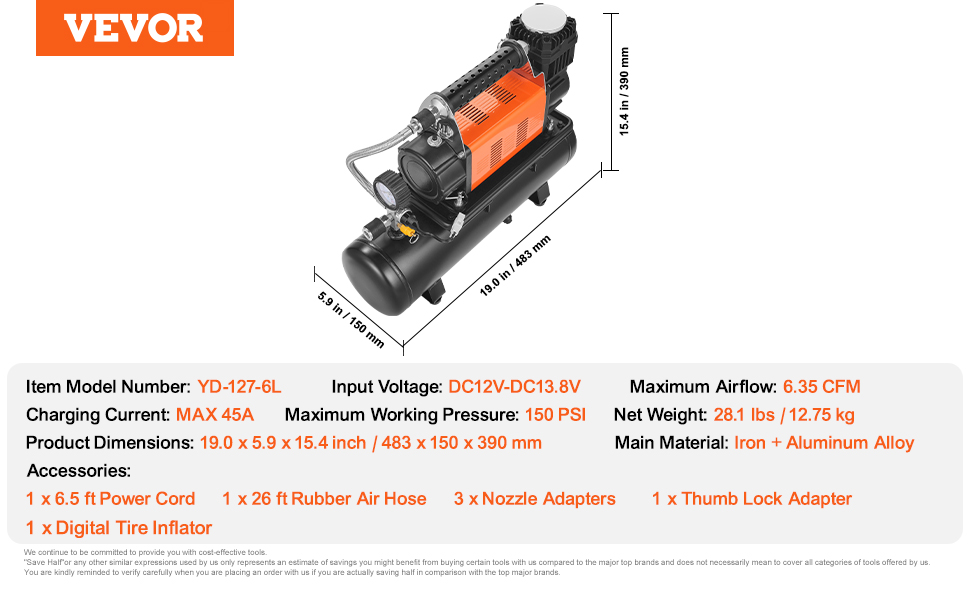 VEVOR Heavy Duty Air Compressor & 6L Tank 6.35CFM Portable Tire ...