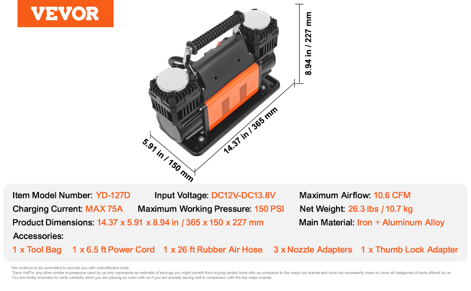 VEVOR 10.6CFM Portable Tire Inflator Dual-Cylinder Air Compressor 12V ...