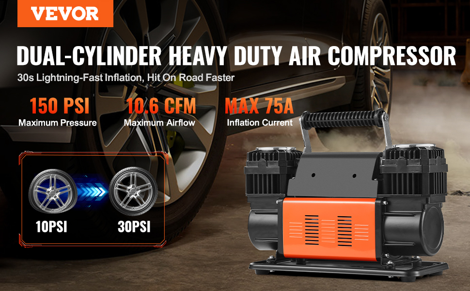 VEVOR 10.6CFM Portable Tire Inflator Dual-Cylinder Air Compressor 12V ...