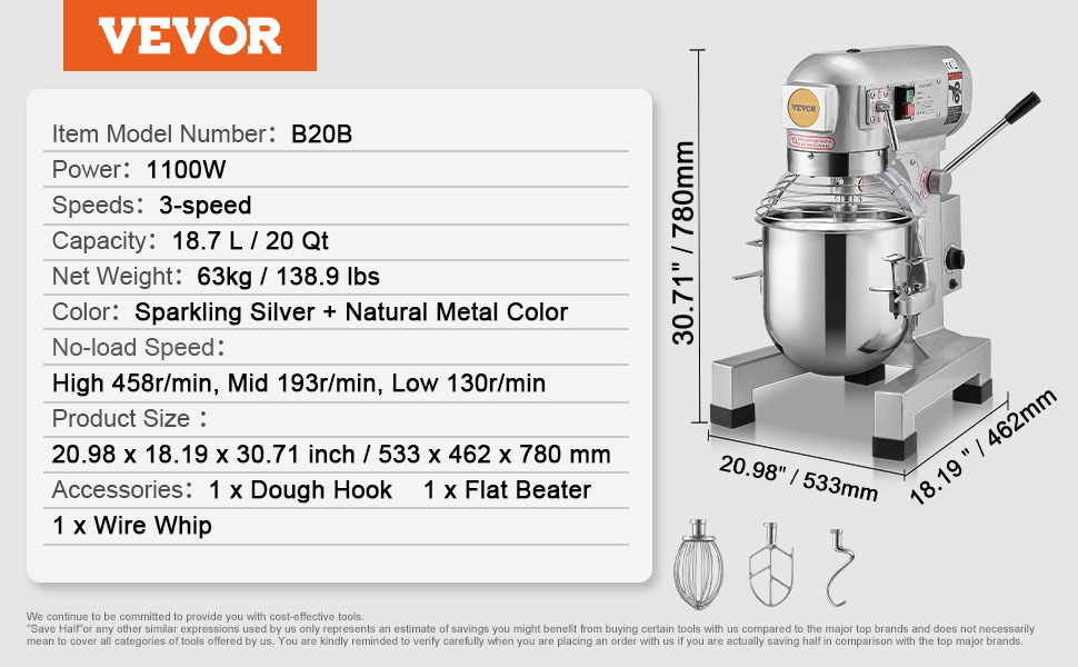 VEVOR Commercial Food Mixer 18.7L 3-Speed Stand Dough Mixer 1100W for ...