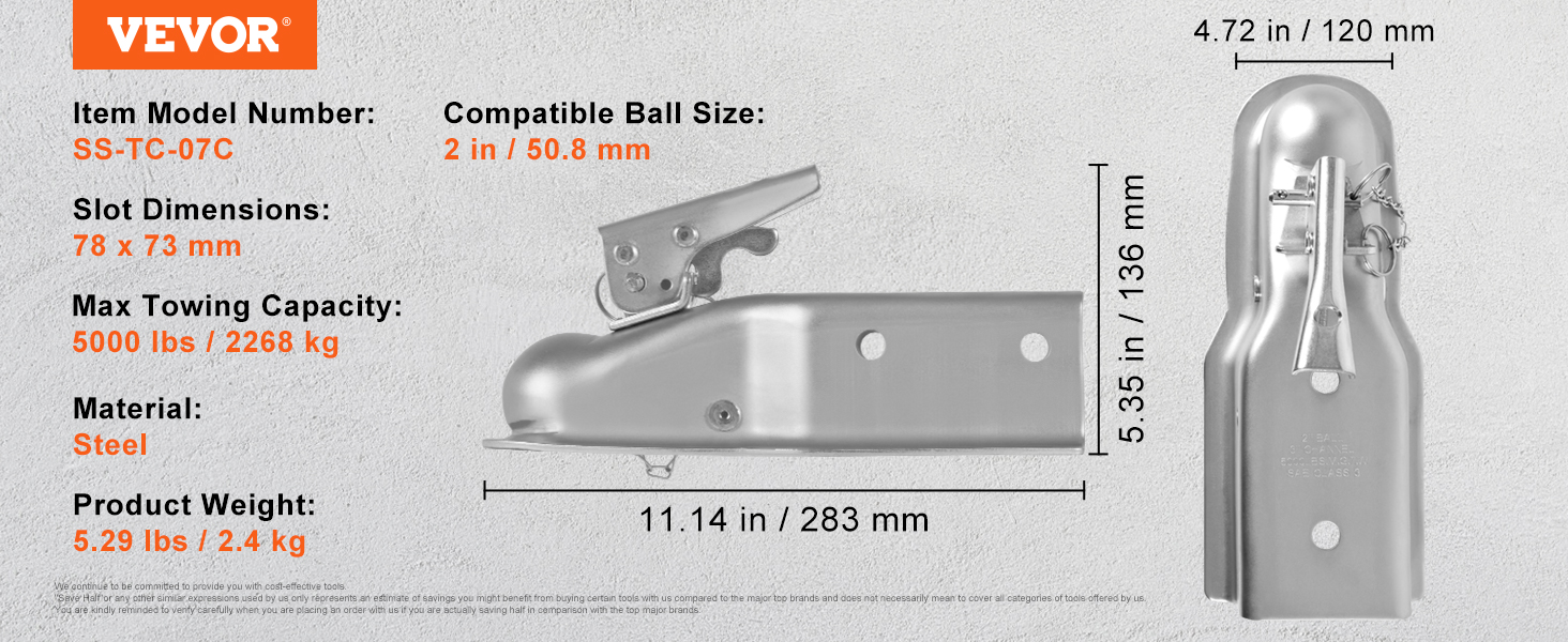 VEVOR Straight Trailer Coupler, for 2-Inch Hitch Ball, 3-Inch Channel ...