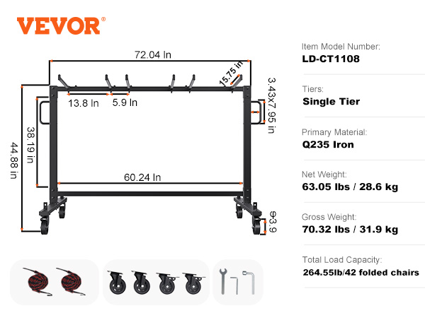 VEVOR Folding Chair Cart, Single Layer Mobile Stackable Chair Dolly ...