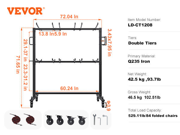 VEVOR Folding Chair Cart, Double Layer Mobile Stackable Chair Dolly ...